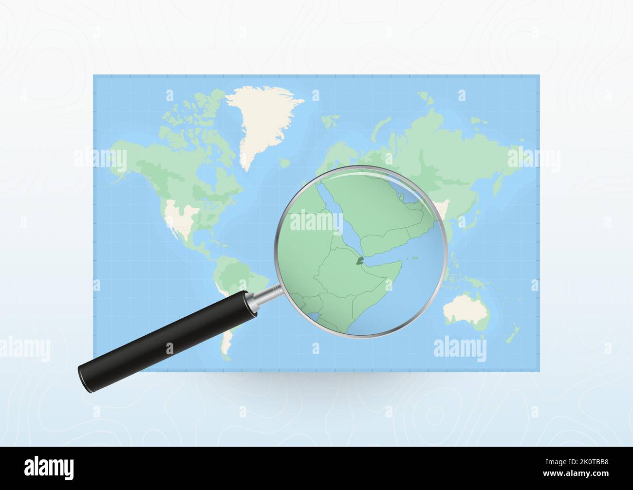 Map of the World with a magnifying glass aimed at Djibouti, searching Djibouti with loupe ...