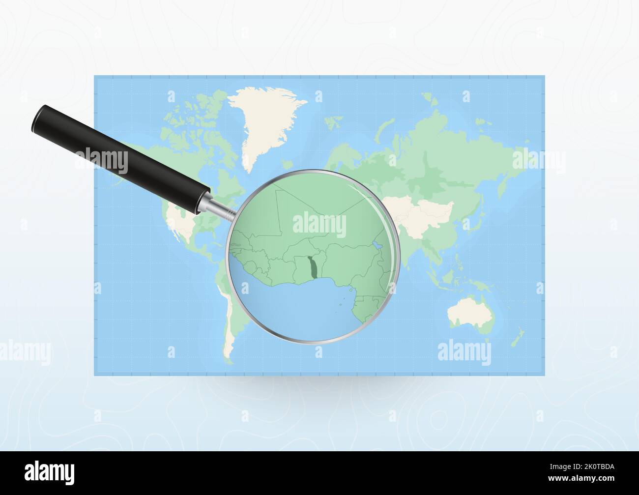 Map of the World with a magnifying glass aimed at Togo, searching Togo with loupe. Vector map ...