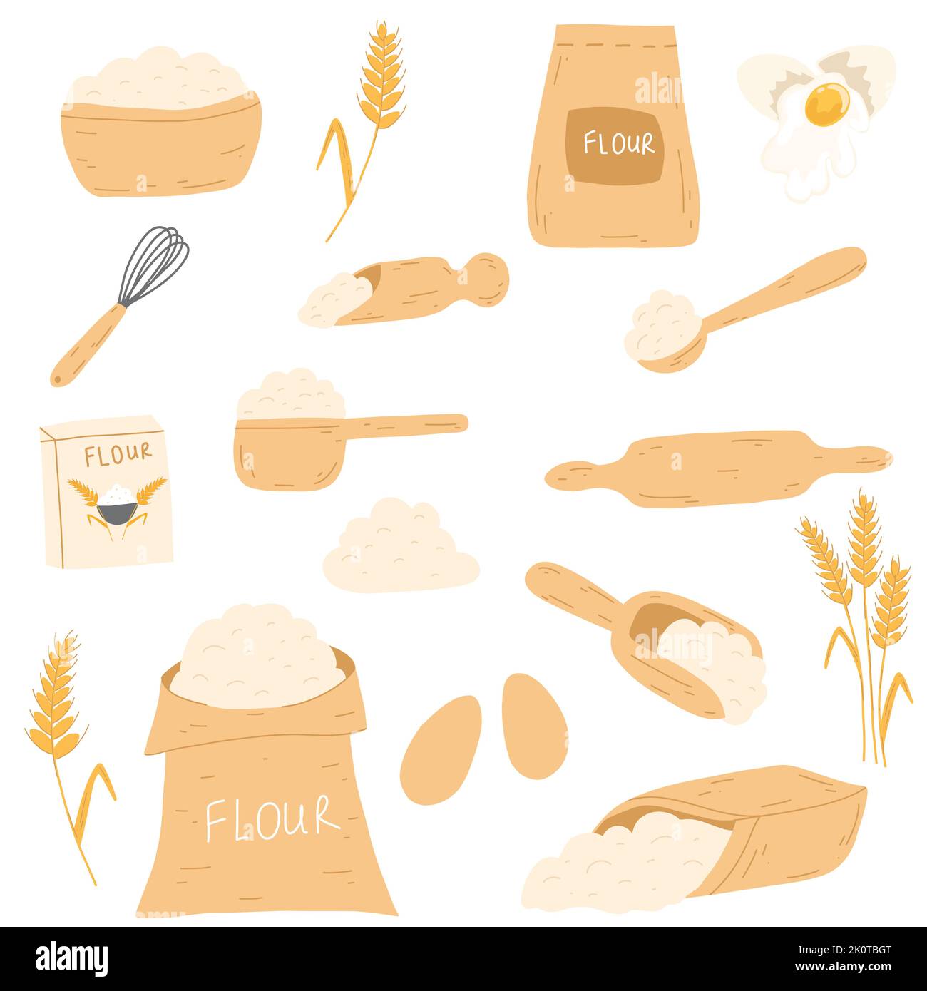 Baking ingredients in cartoon flat style. Bag with flour, eggs, kitchen ...
