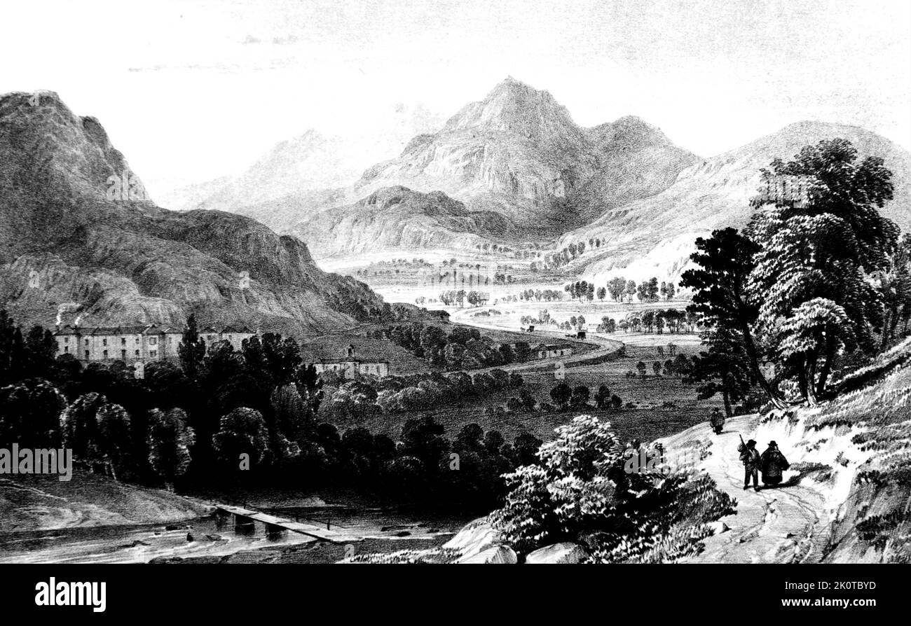 Illustration depicting the Inn at Cape Curig and the Conway Suspension ...