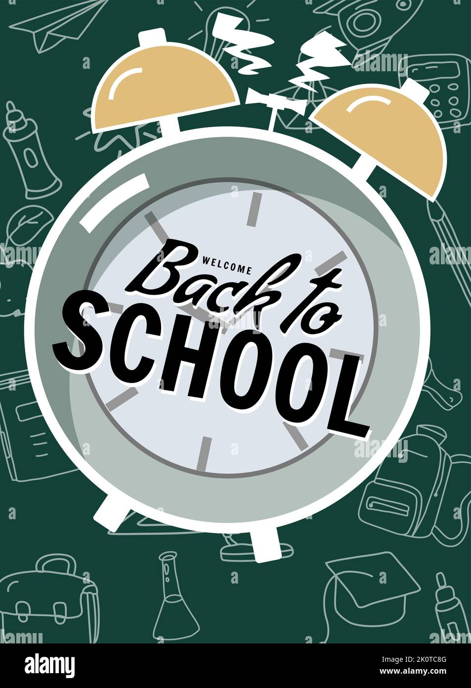 Back to school poster clock alarm clock, retro. Background template ...
