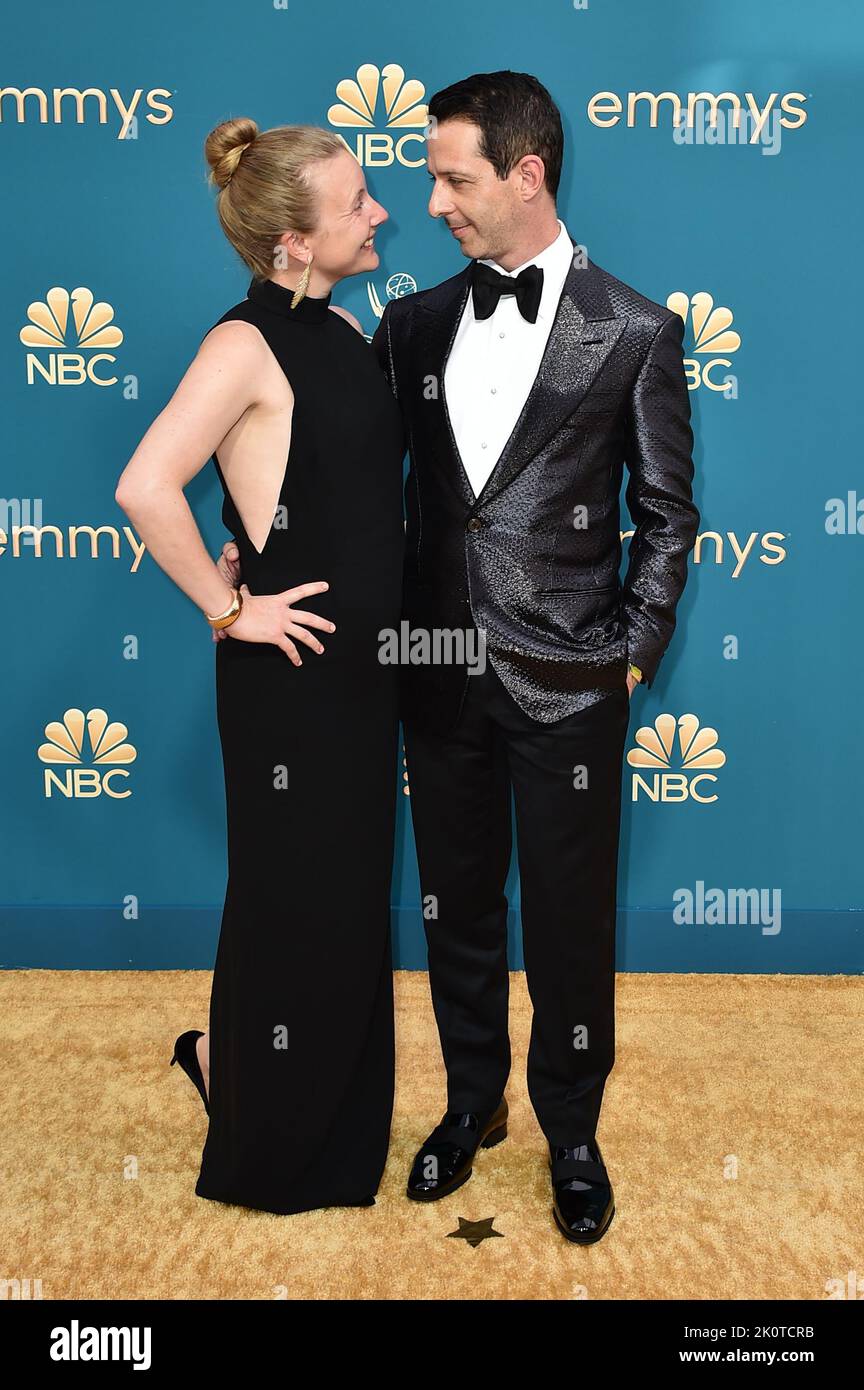 Jeremy Strong, right, and Emma Wall arrive at the 74th Emmy Awards on ...