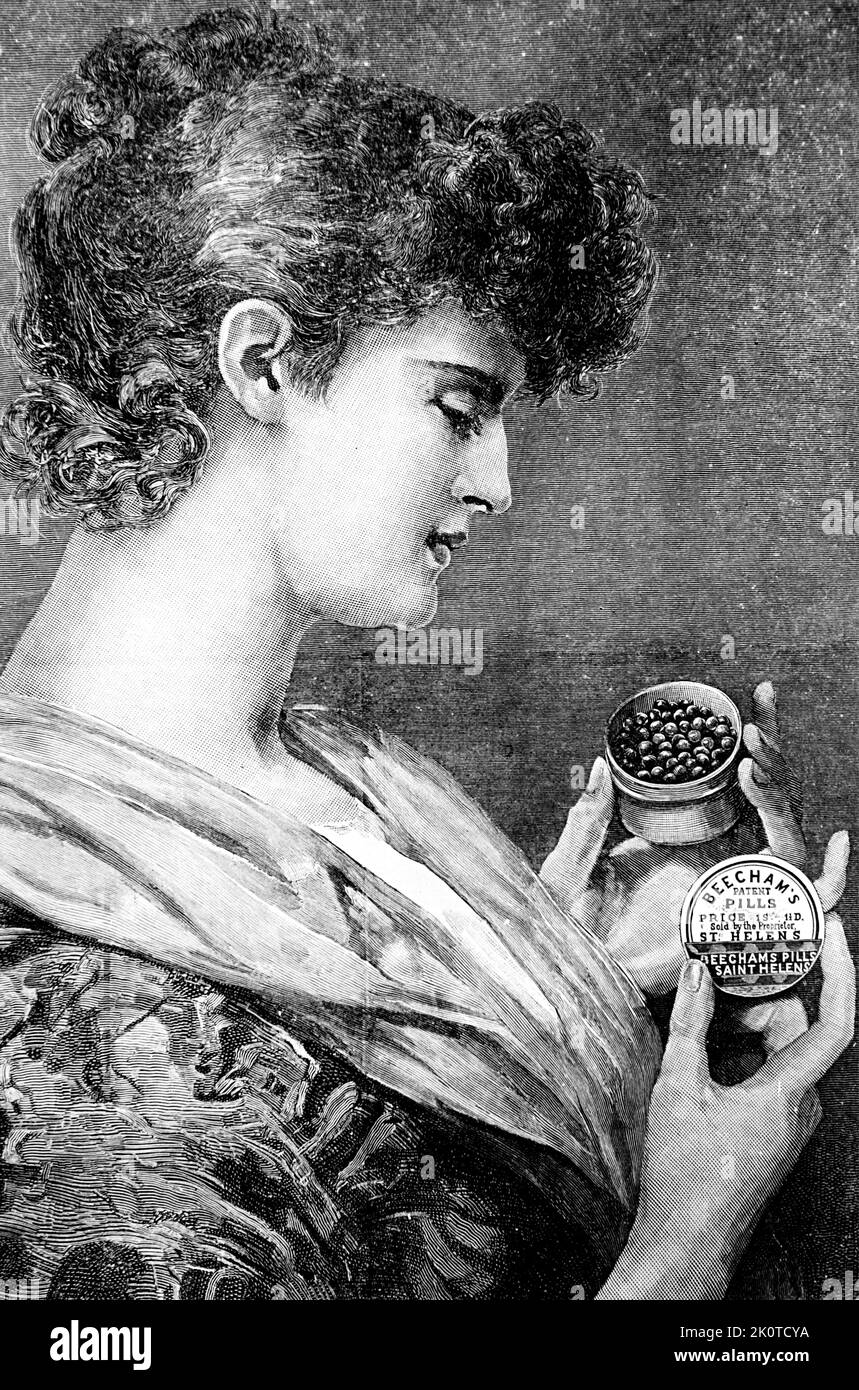 Advert for Leibig 'Beechams Pills' in a box. 1887 Stock Photo - Alamy