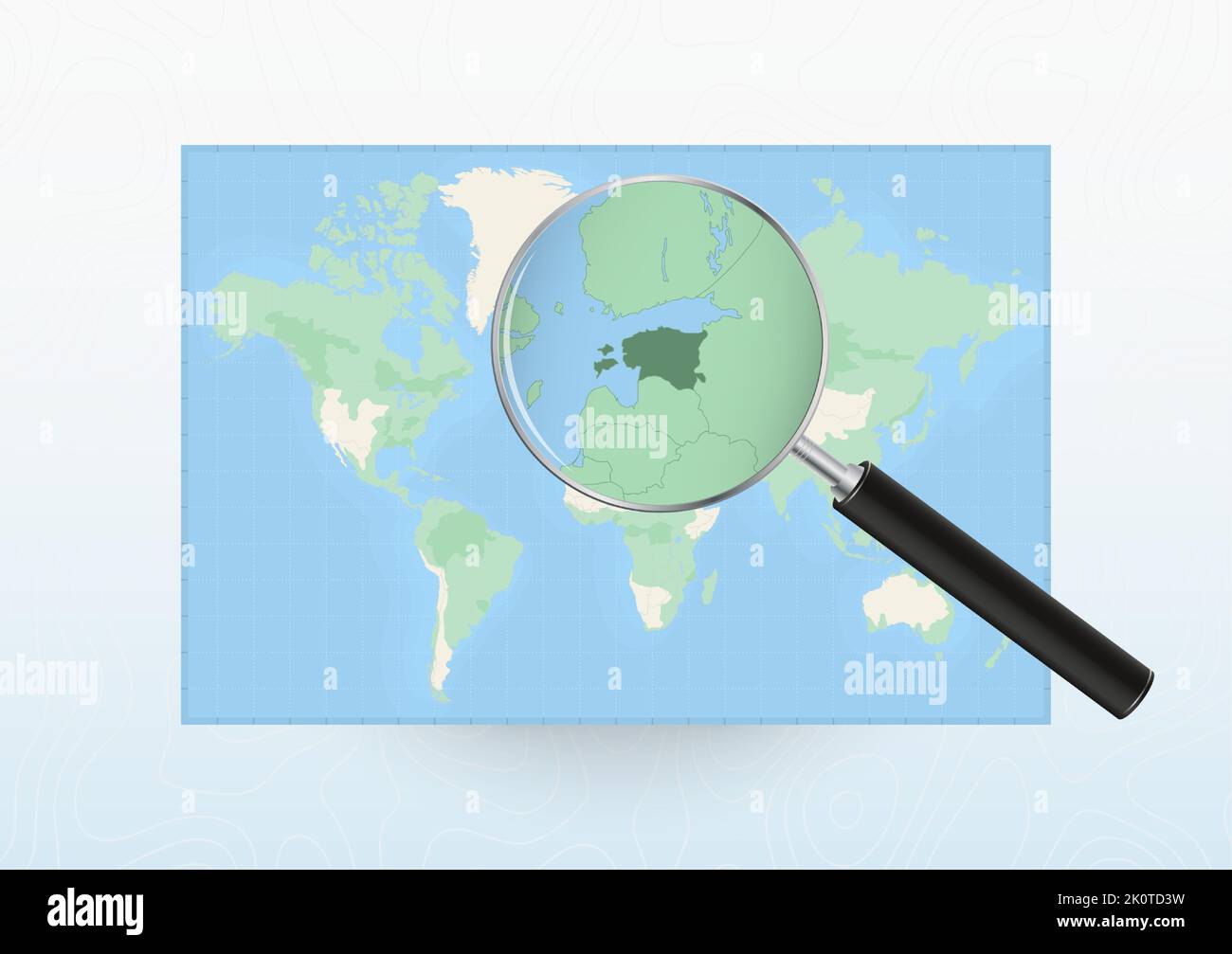 Map of the World with a magnifying glass aimed at Estonia, searching ...
