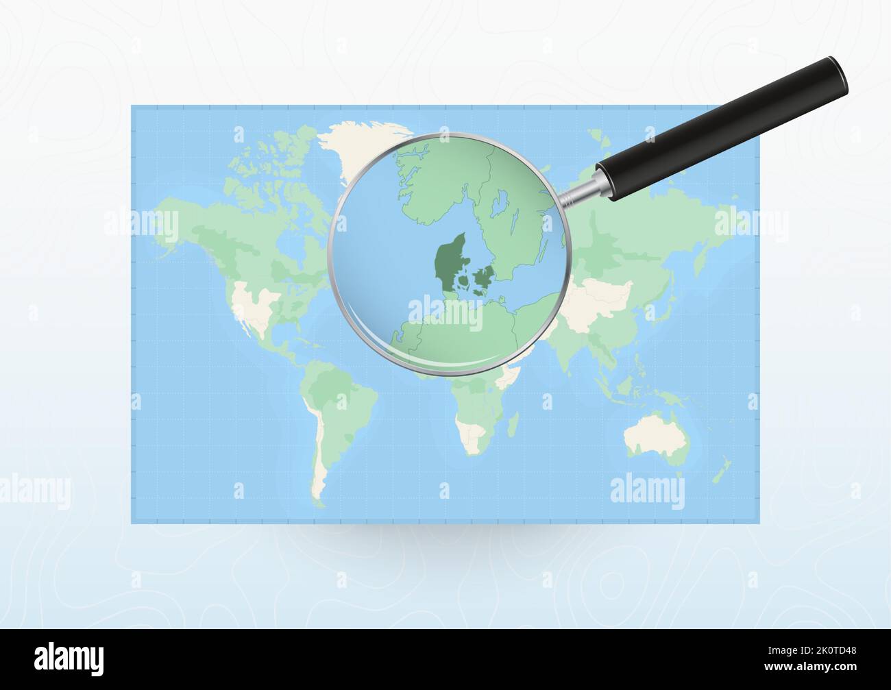Map of the World with a magnifying glass aimed at Denmark, searching Denmark with loupe. Vector ...