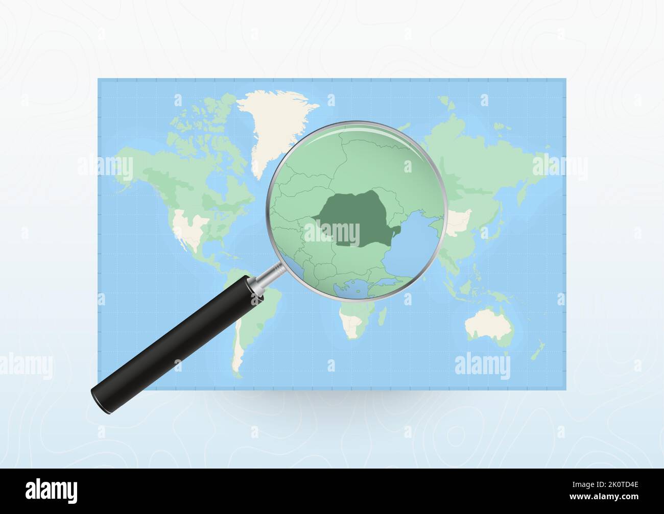 Map of the World with a magnifying glass aimed at Romania, searching ...