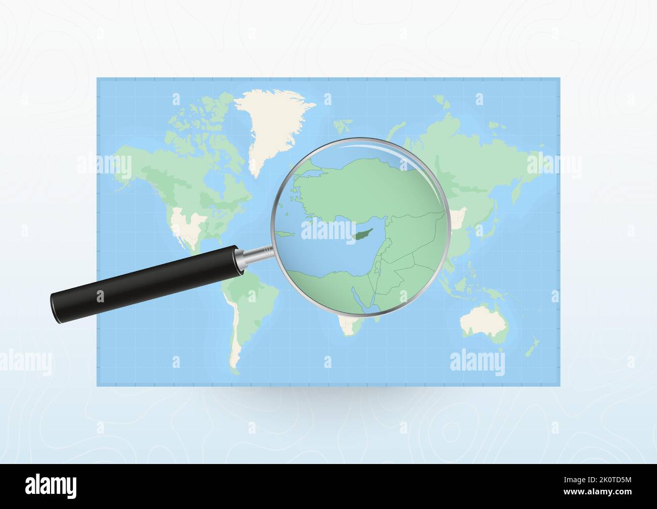 Map of the World with a magnifying glass aimed at Cyprus, searching ...