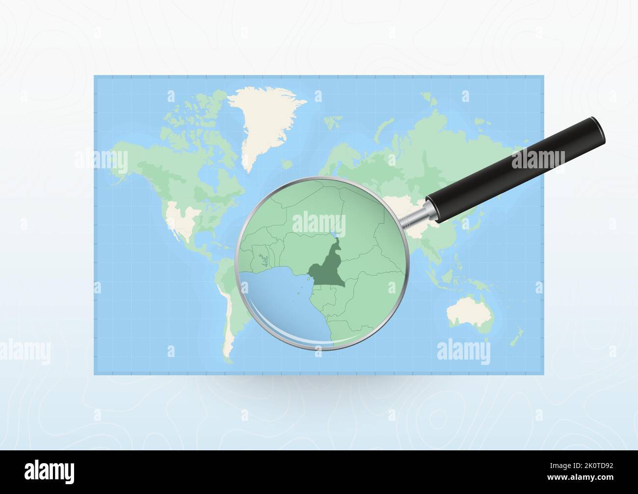 Map of the World with a magnifying glass aimed at Cameroon, searching Cameroon with loupe ...