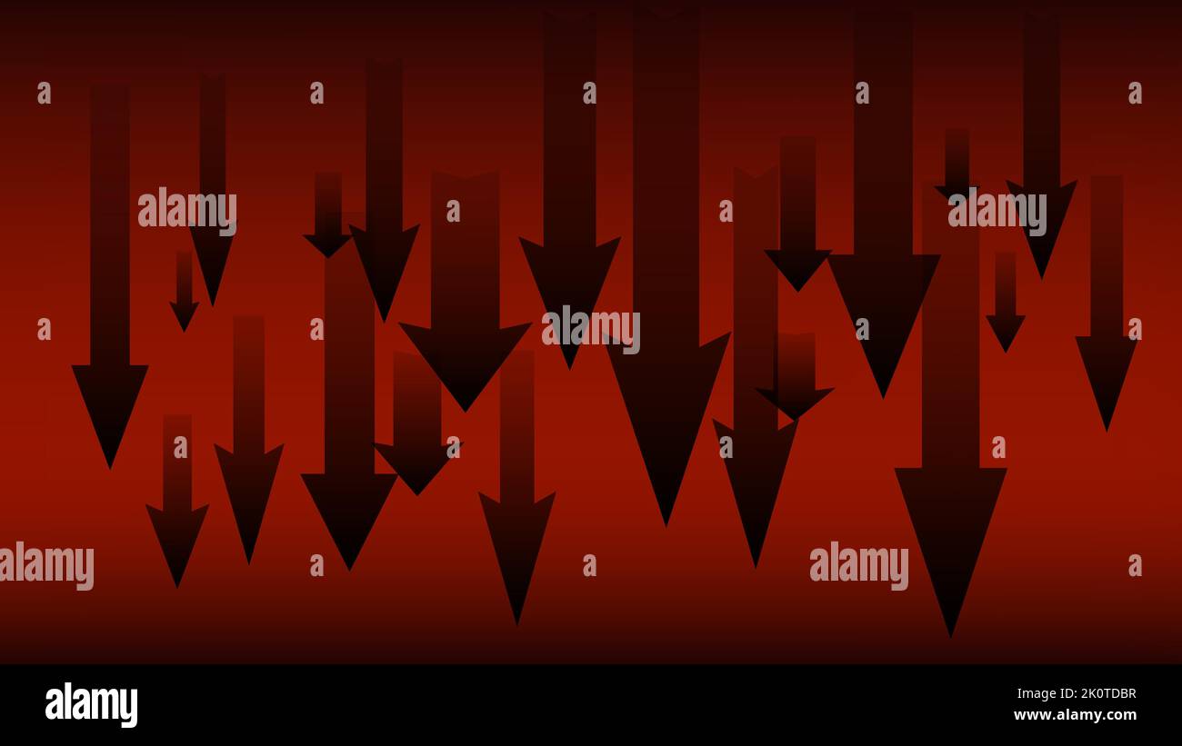 Lots of dark arrows pointing down on dark red background. Symbol of ...