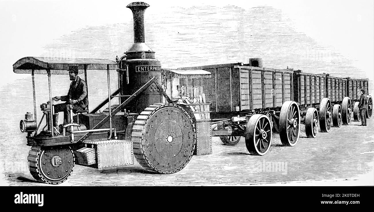 line Illustration of a Thomson's road steamer, pulling a train of ...