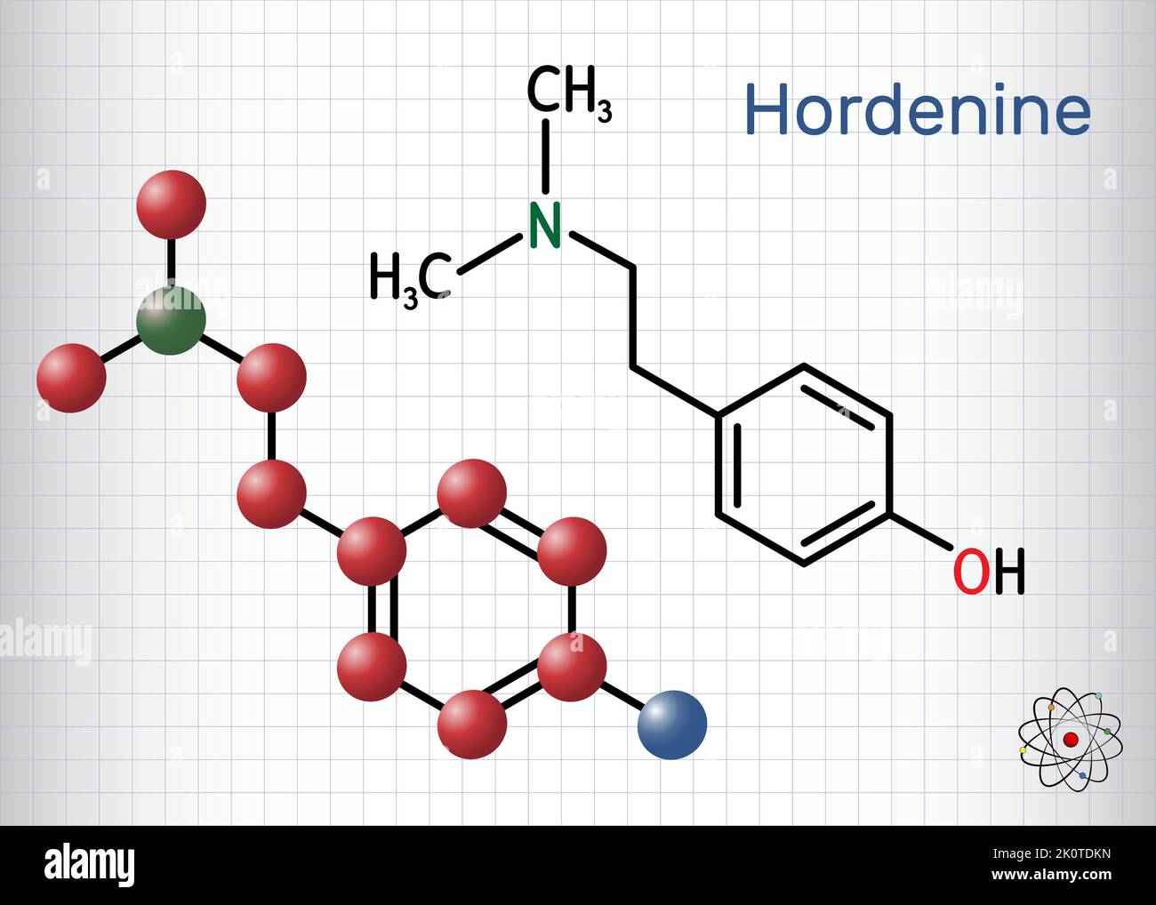 Hordenine, dimethyltyramine class, molecule. Structural formula ...
