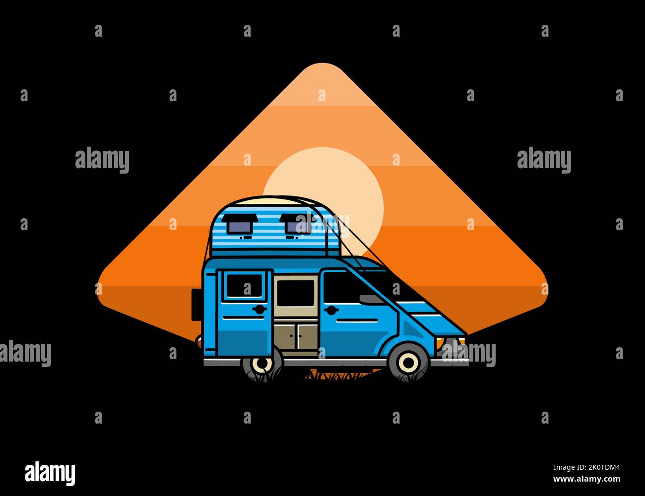 Big van camper with roof box tent illustration badge design Stock ...