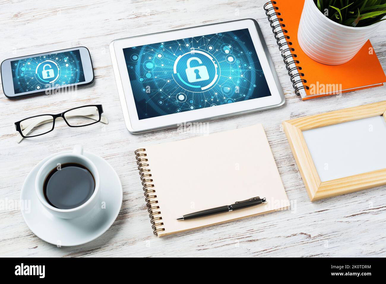 Web security and technology concept with tablet pc on wooden table ...