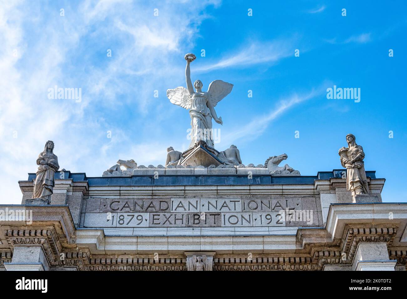 Princes' Gates triumphal arch in Exhibition Place. Low angle view of ...