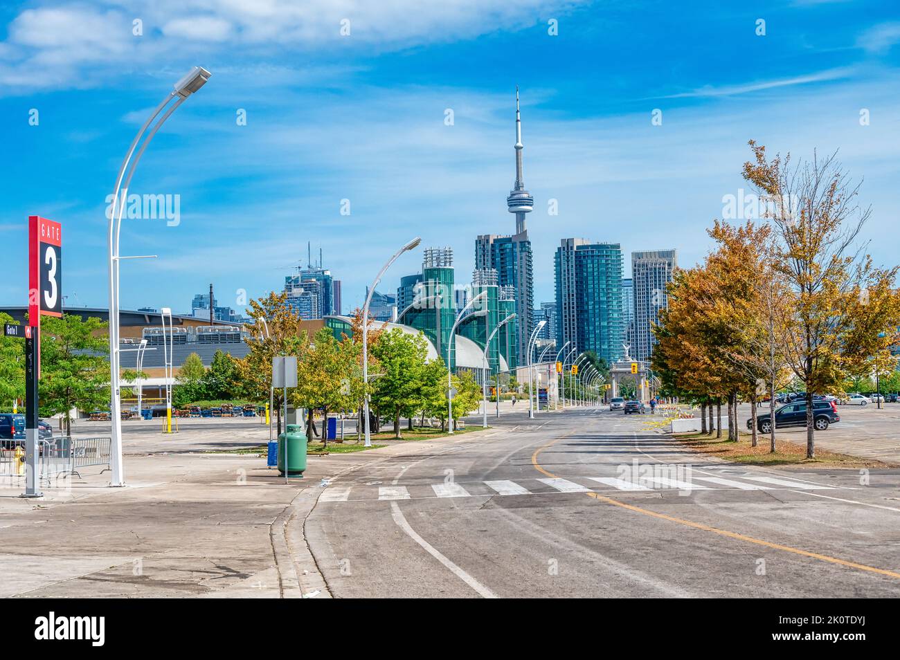 A city street inside Exhibition Places leads to the Toronto skyline or ...