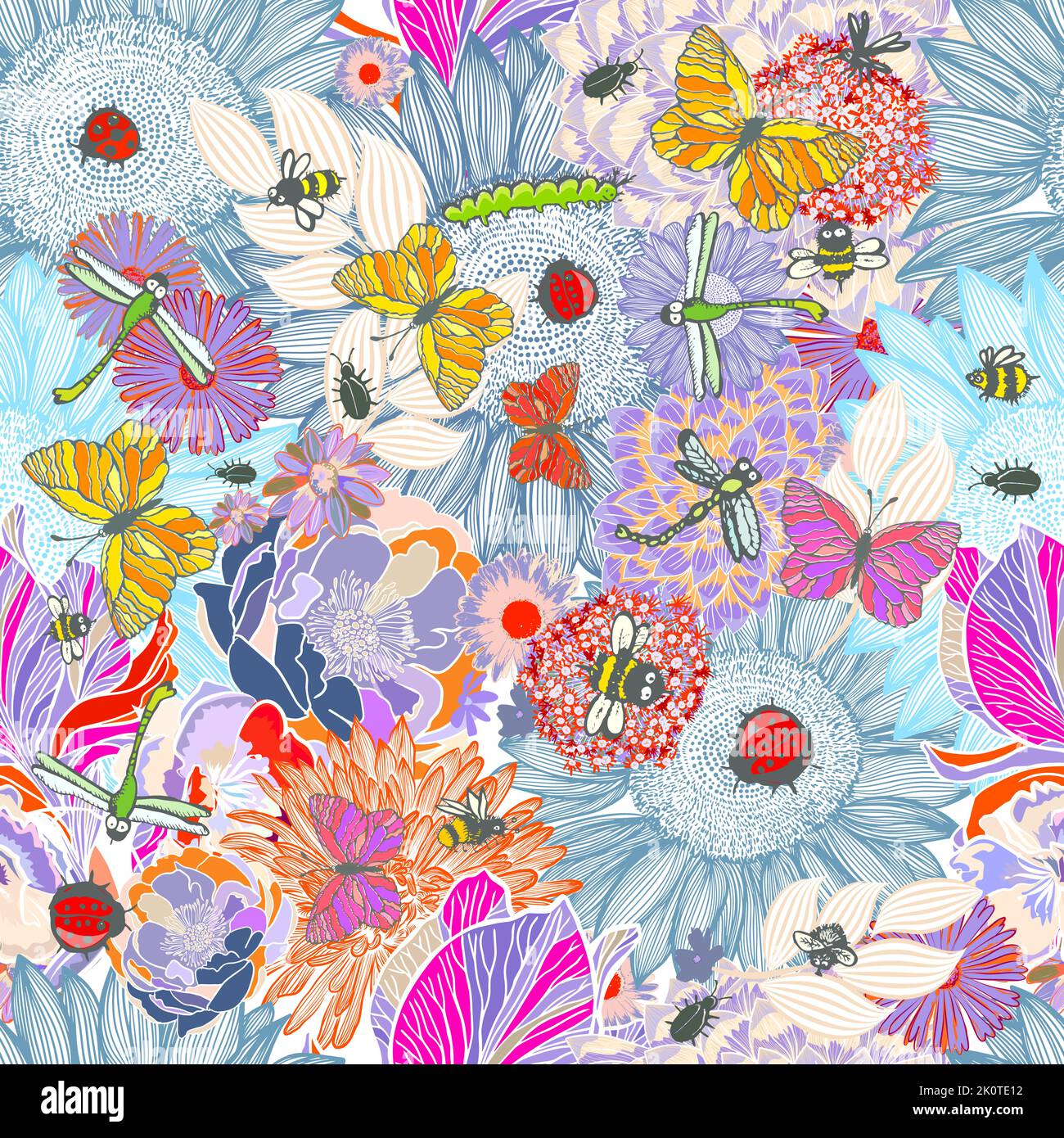 Seamless floral background with insects. Vector illustration. Modern ...