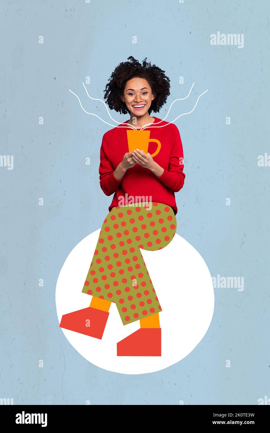 Magazine collage poster of positive lady feel joy aromatic cappuccino ...