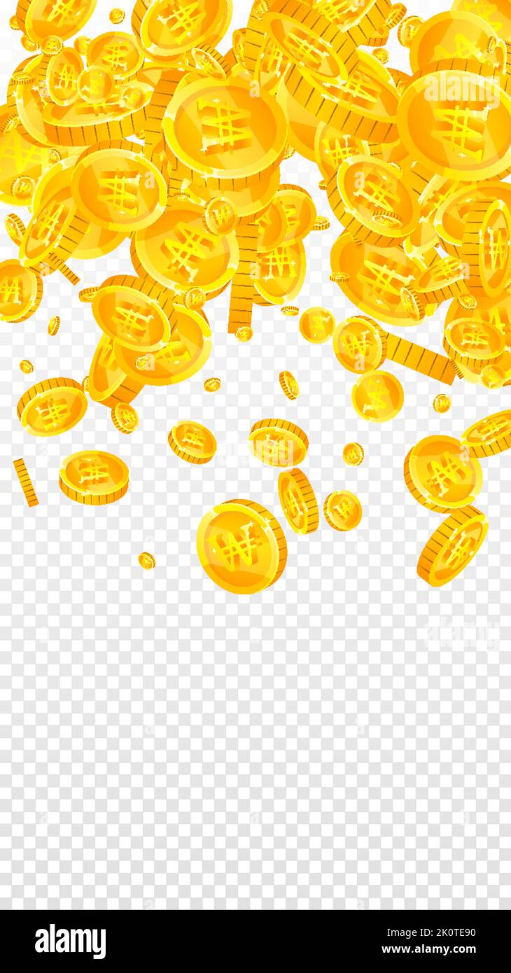 Korean won coins falling. Scattered gold WON coins. Korea money ...