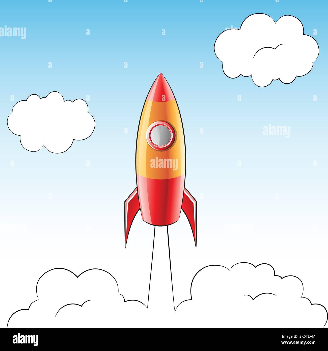 Illustration of a Launching Red and Yellow Rocket Over a Cloudy Sky ...