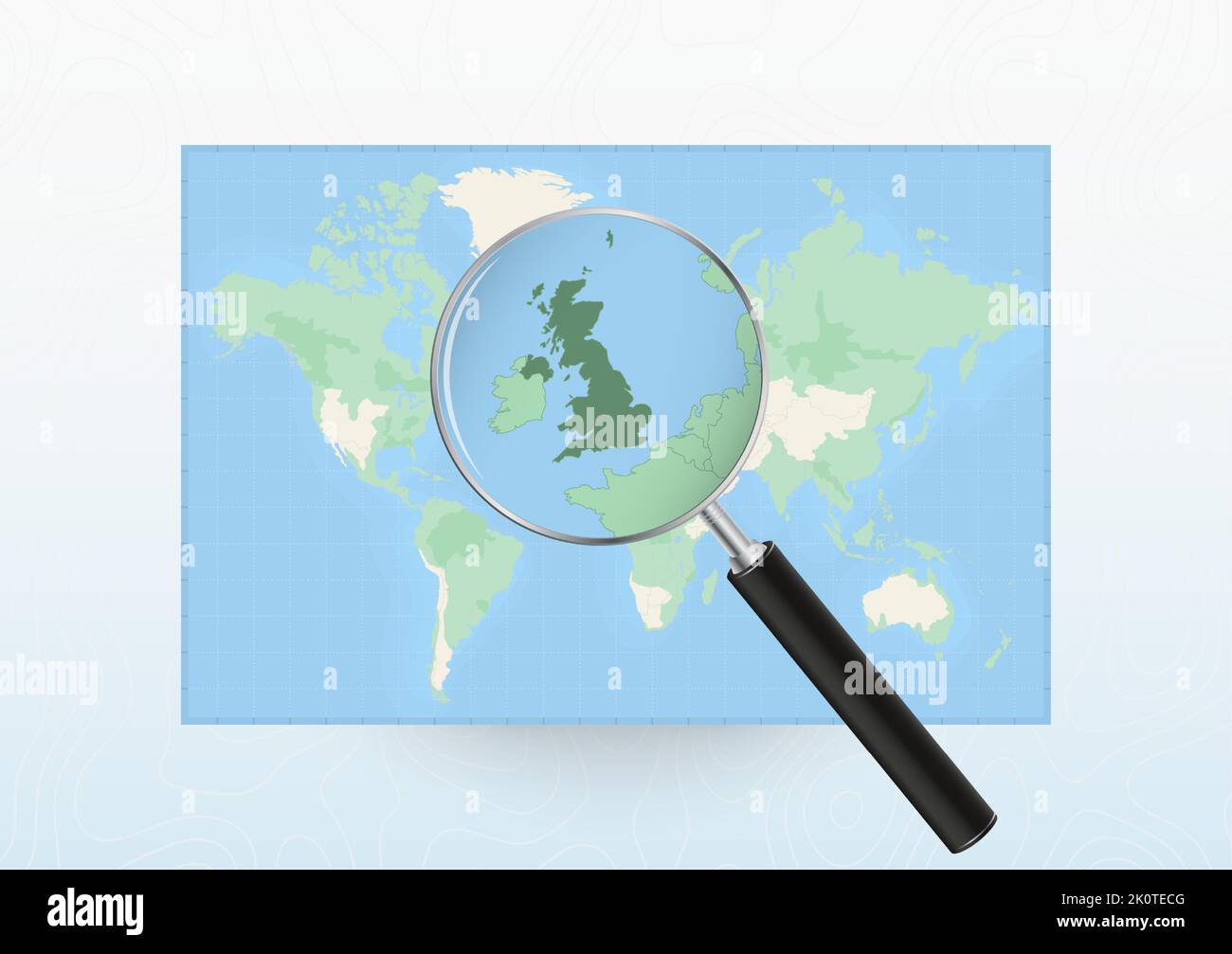 Map of the World with a magnifying glass aimed at United Kingdom ...