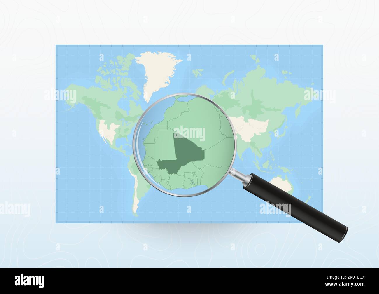 Map of the World with a magnifying glass aimed at Mali, searching Mali with loupe. Vector map ...