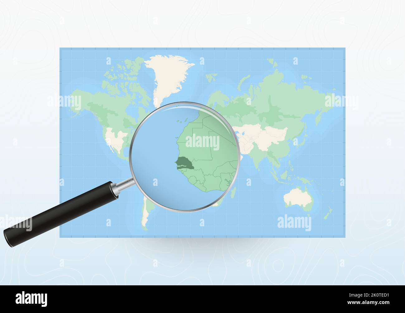 Map of the World with a magnifying glass aimed at Senegal, searching Senegal with loupe. Vector ...