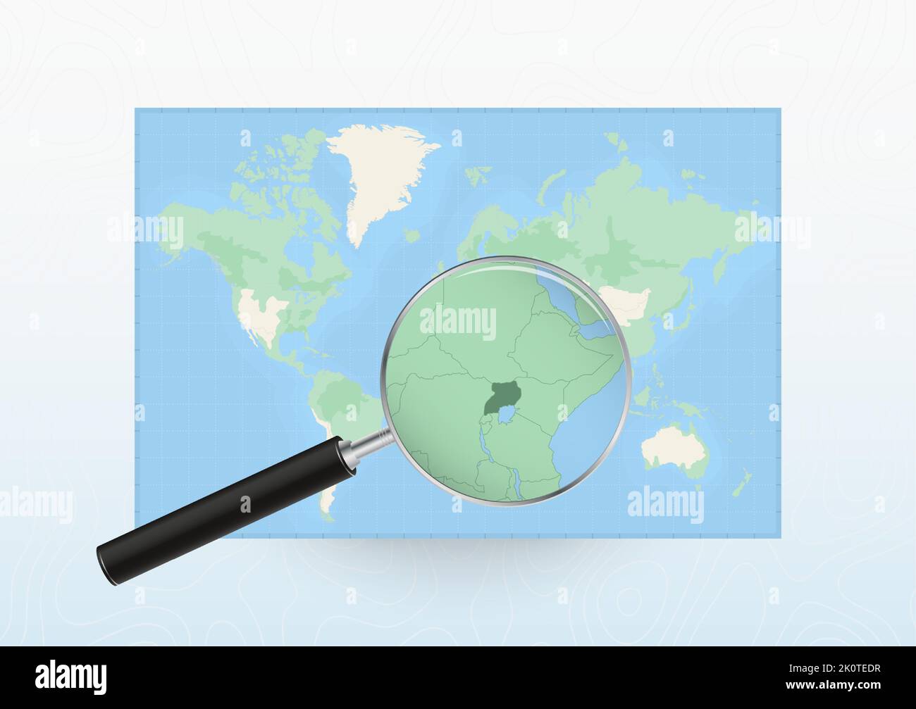 Map of the World with a magnifying glass aimed at Uganda, searching ...