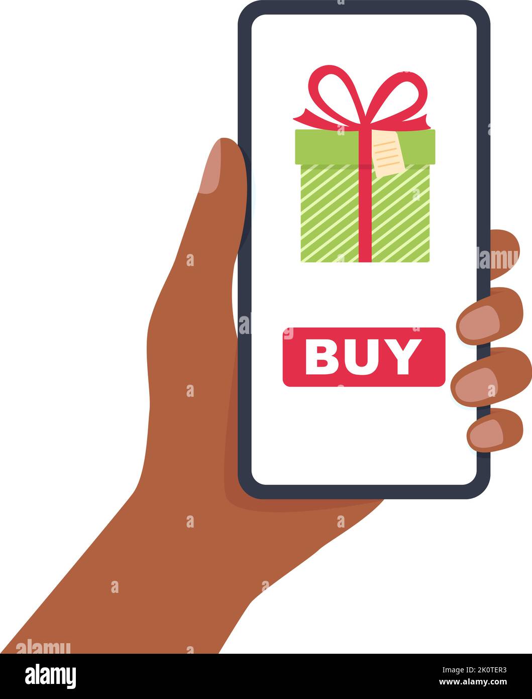 Hand holding phone. Smartphone screen with page buy gift, vector illustration Stock Vector Image ...