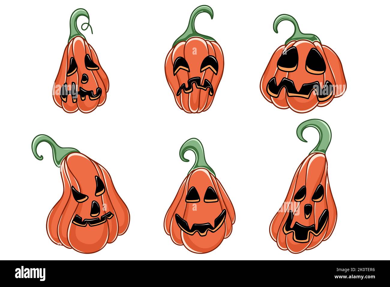 Hand drawn spooky halloween pumpkin set. Horrible faces of characters ...