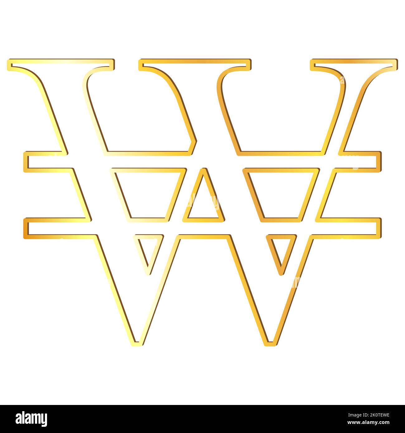South Korean won KRW currency golden sign outline front view isolated ...