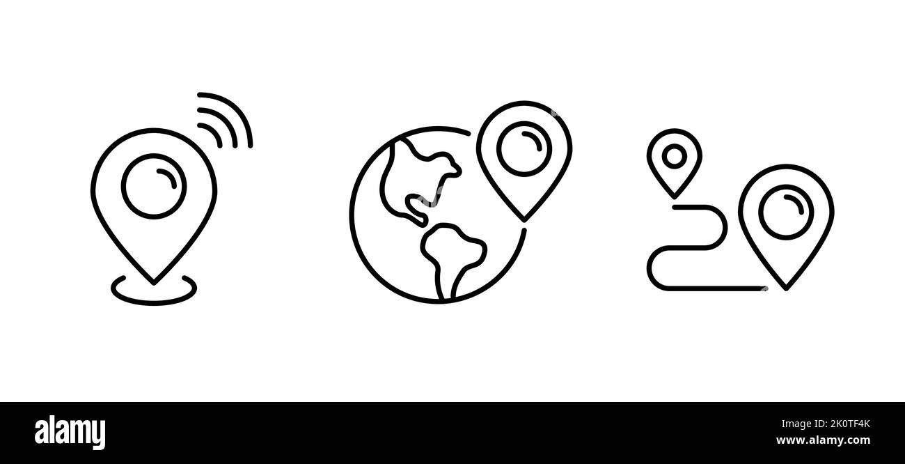 Set of map pointers showing location. Pin on Earth globe and path tracking. Pixel perfect ...