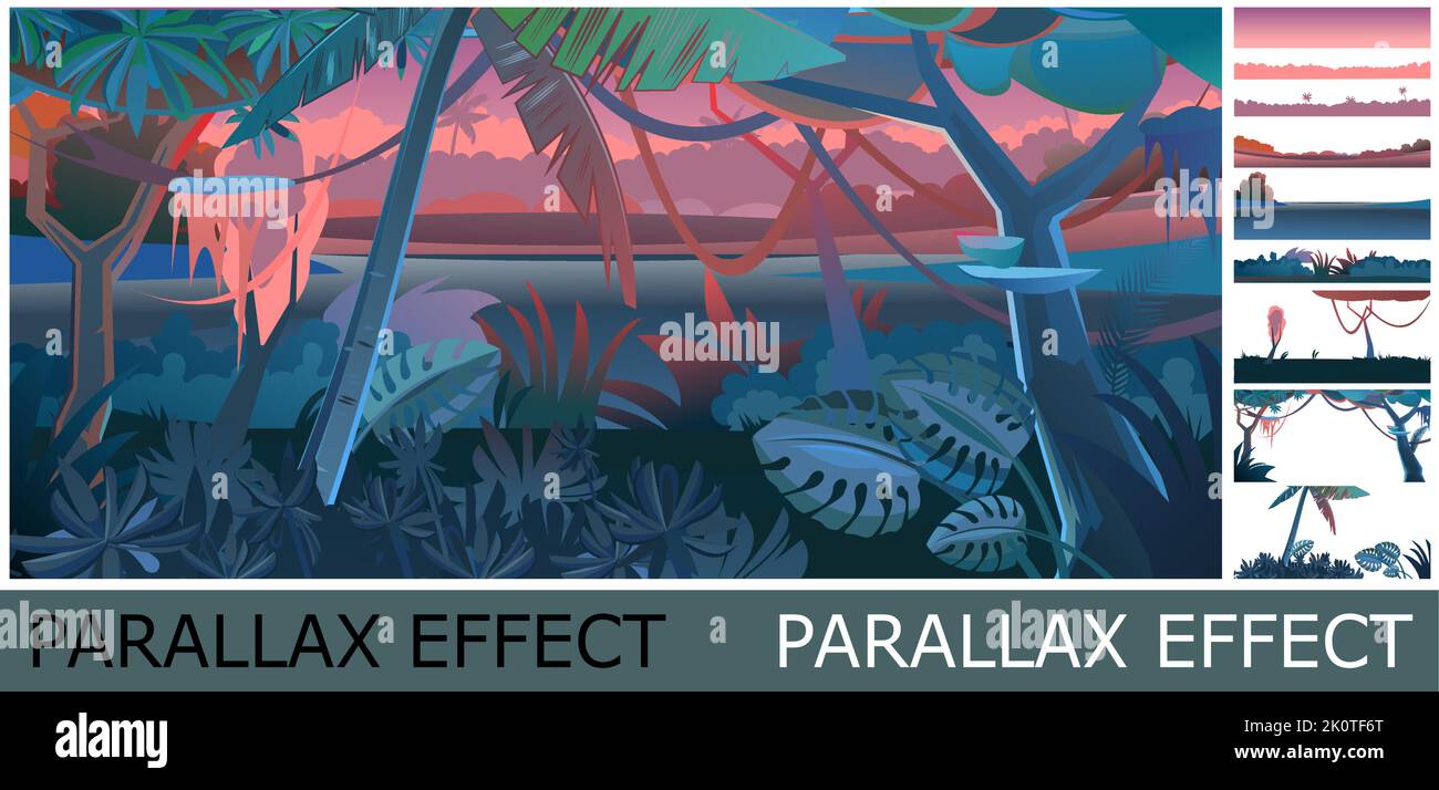 Jungle tree. Morning sunrise dawn or evening sunset. Image from layers ...