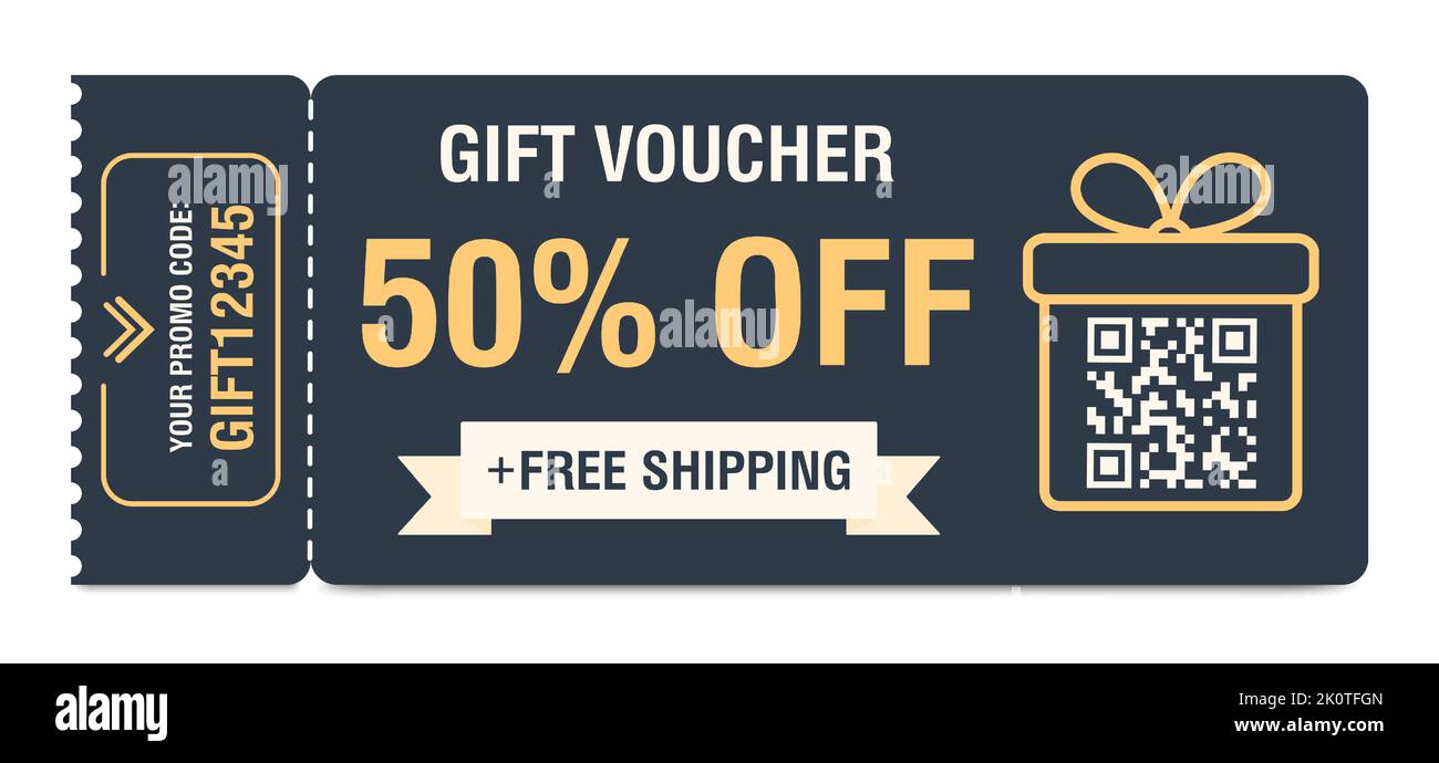Discount coupon 50 percent off. Gift voucher with percentage marks, qr ...