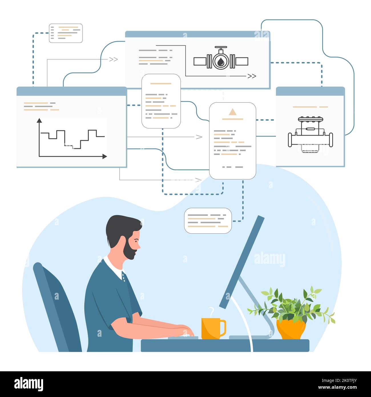 Vector illustration Man working at computer. Global Logistics service ...