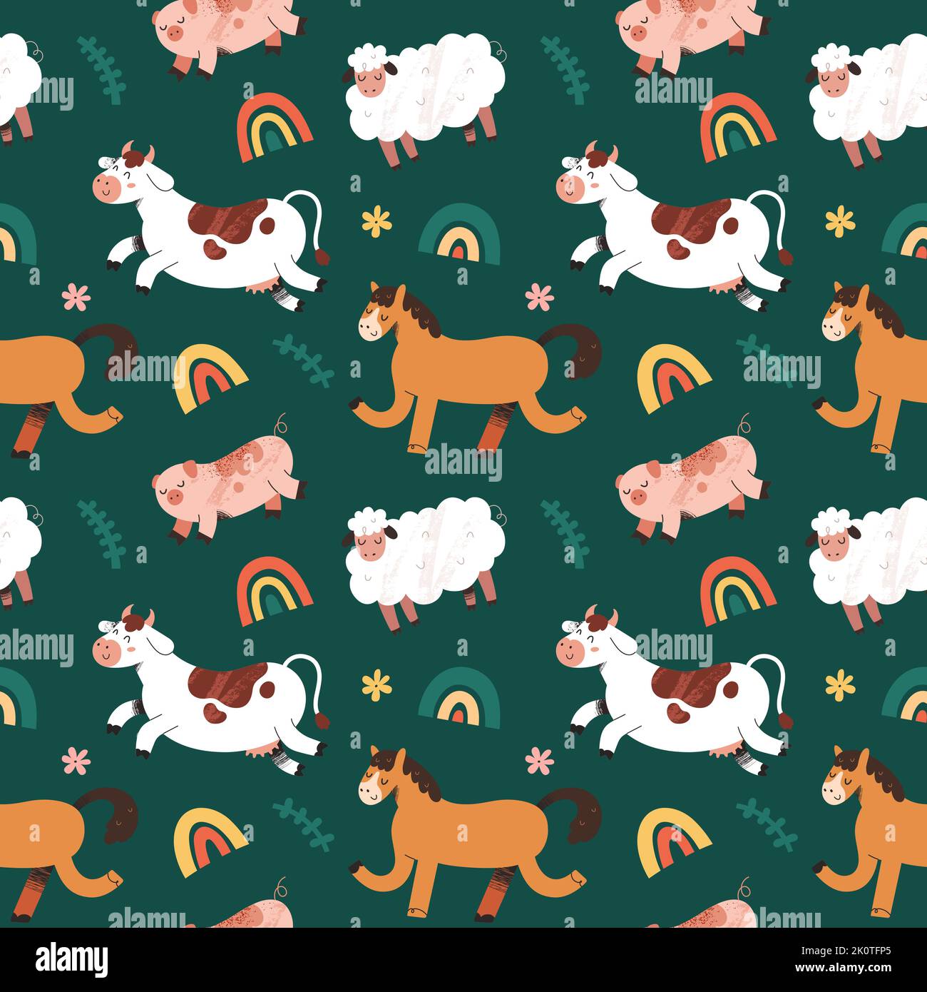 Farm animals pattern, farmhouse sheep, cute cow and horse illustrations ...