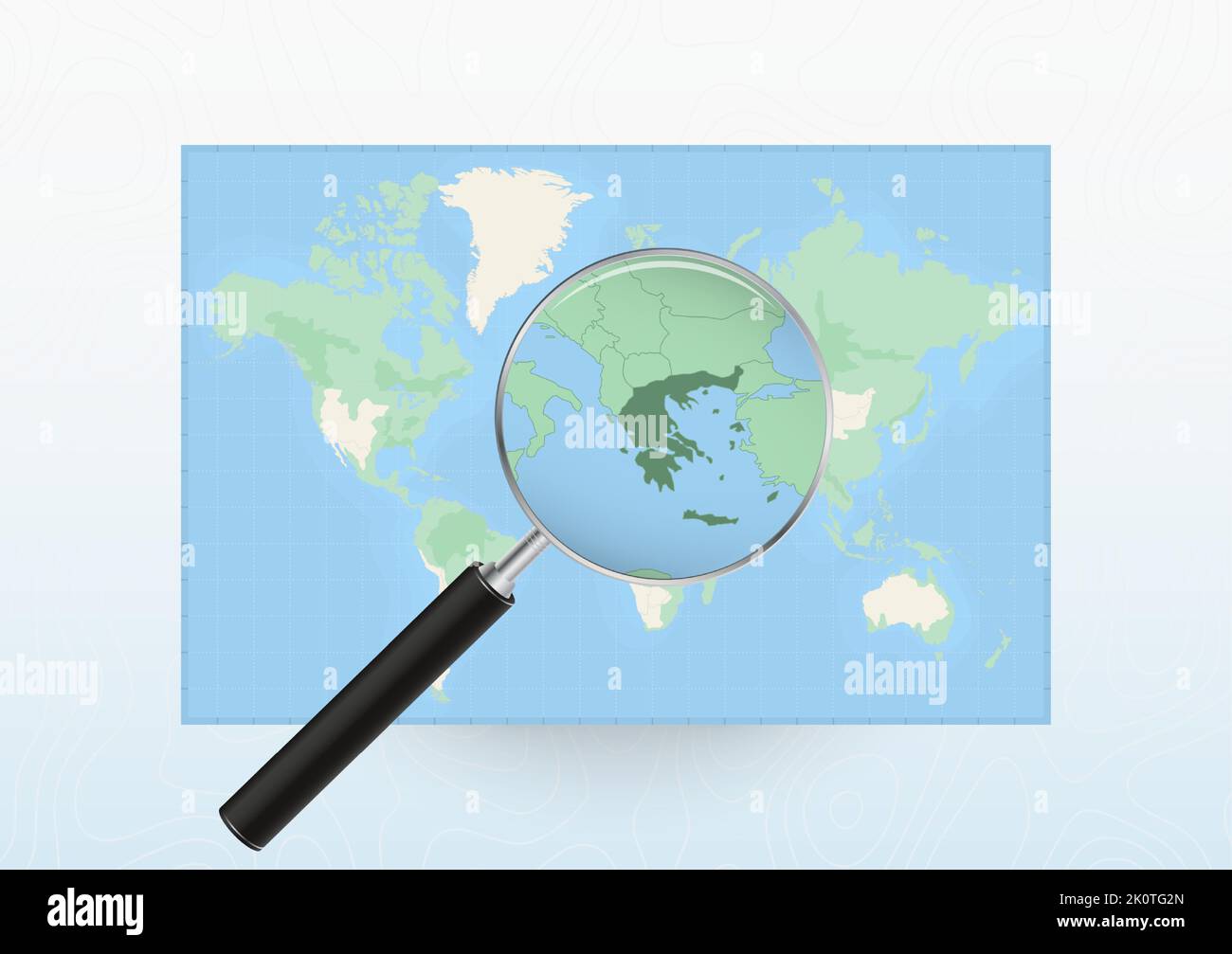 Map of the World with a magnifying glass aimed at Greece, searching ...