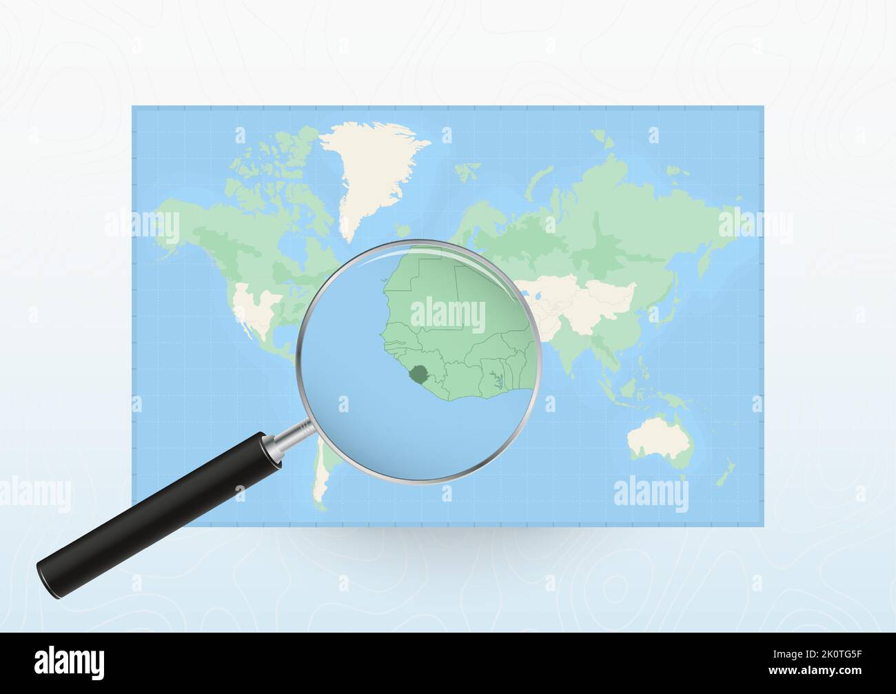 Map of the World with a magnifying glass aimed at Sierra Leone, searching Sierra Leone with ...