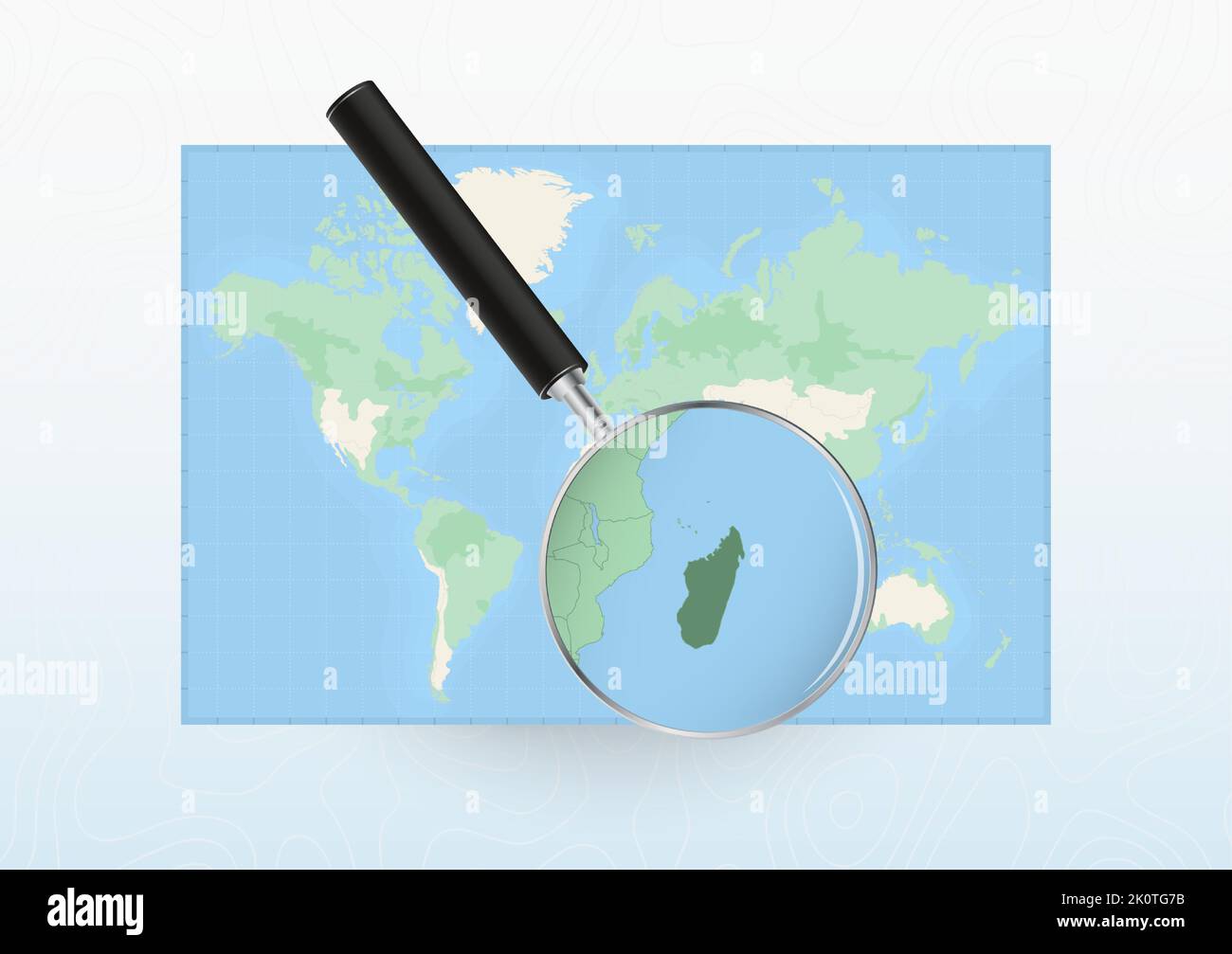 Map of the World with a magnifying glass aimed at Madagascar, searching Madagascar with loupe ...