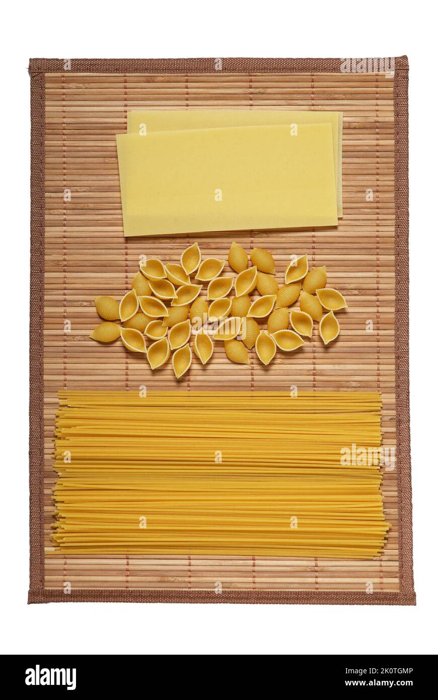 Three types of raw pasta, spaghetti, pasta shells and lasagna sheets ...