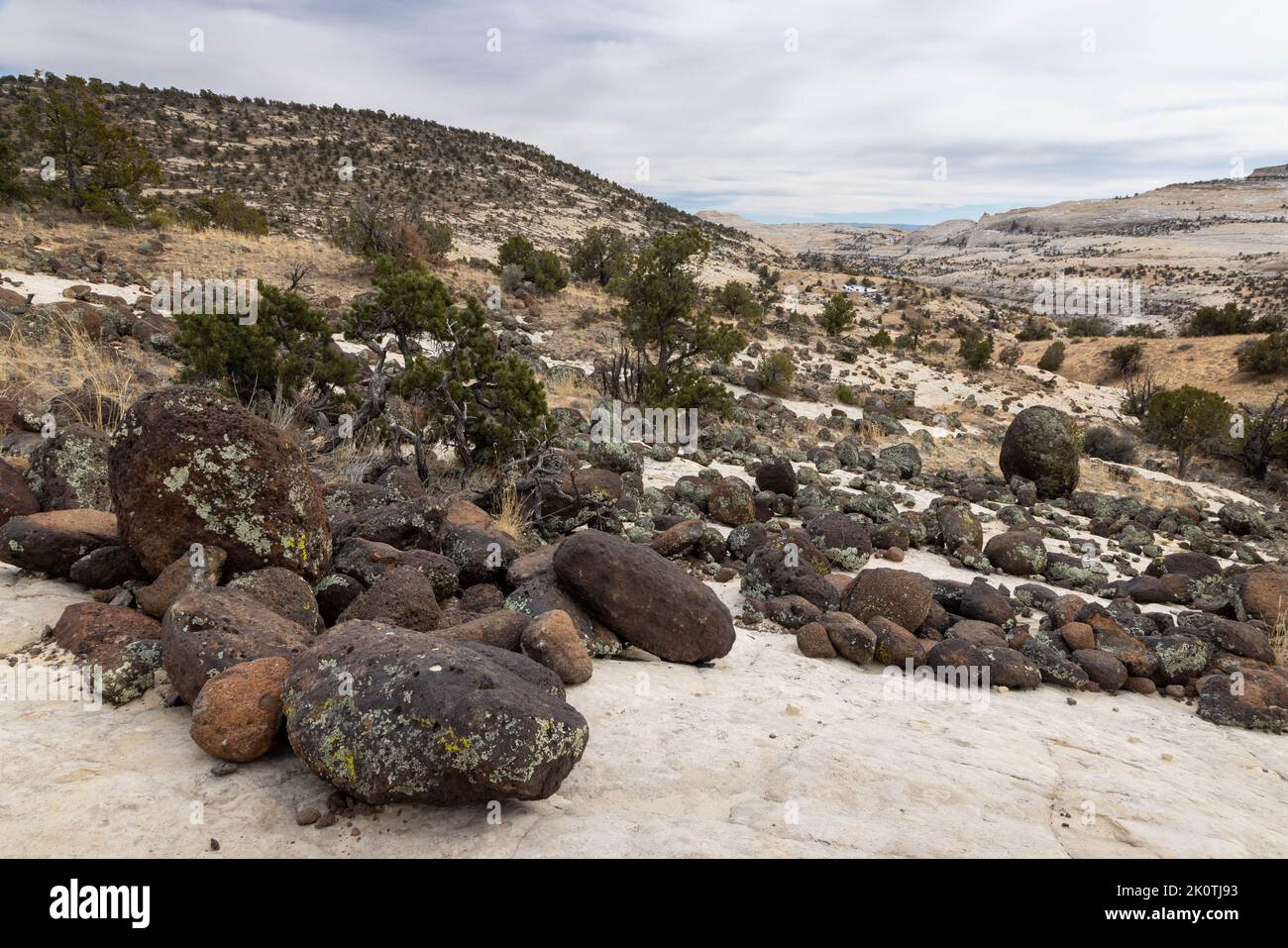 Numerous lava rocks strewn about on the Navajo Sandstone above Calf ...