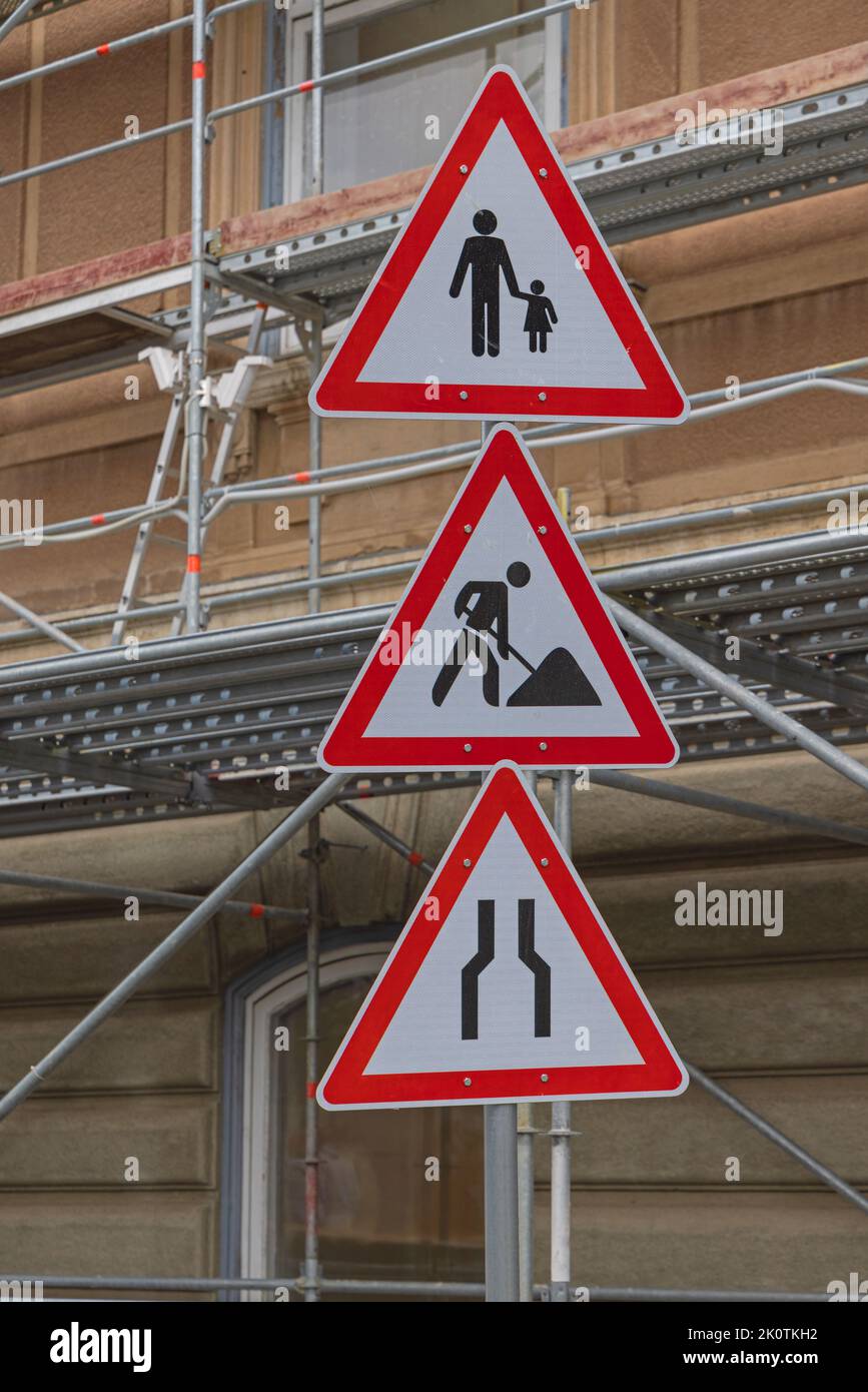 Warning Signs at Construction Site Caution Works Road Narrow Stock ...