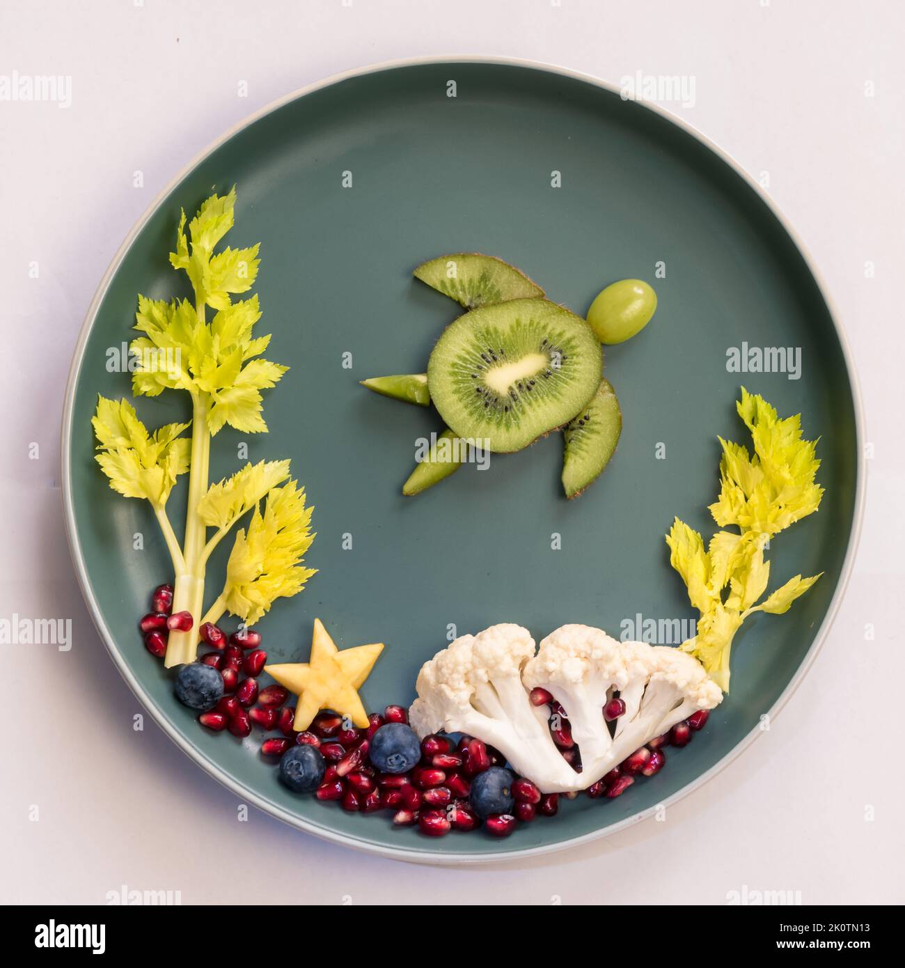 turtle, corals and plants in sea world from blackberries, kiwi, salad ...