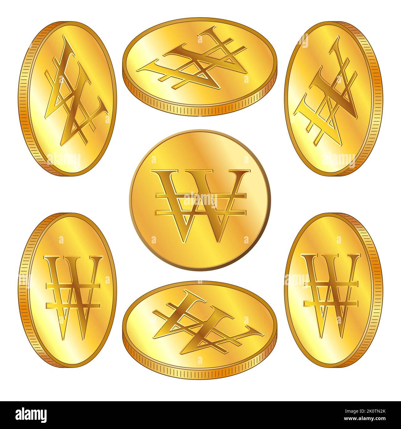 Set of golden coin South Korean won KRW isometric view isolated on ...