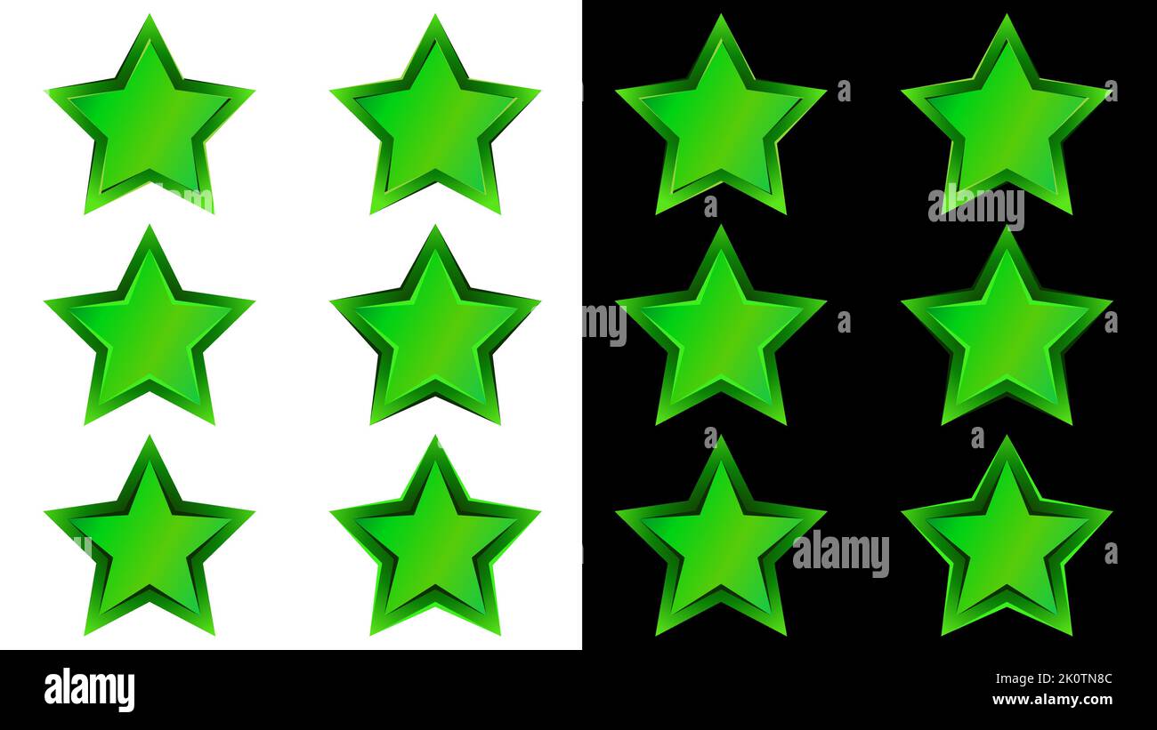 Set of green decorative stars with different borders on white and black ...