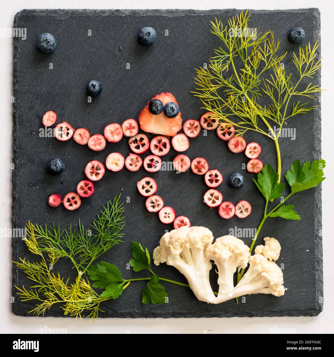 octopus made from red fruits with sea world from cauliflower and green ...