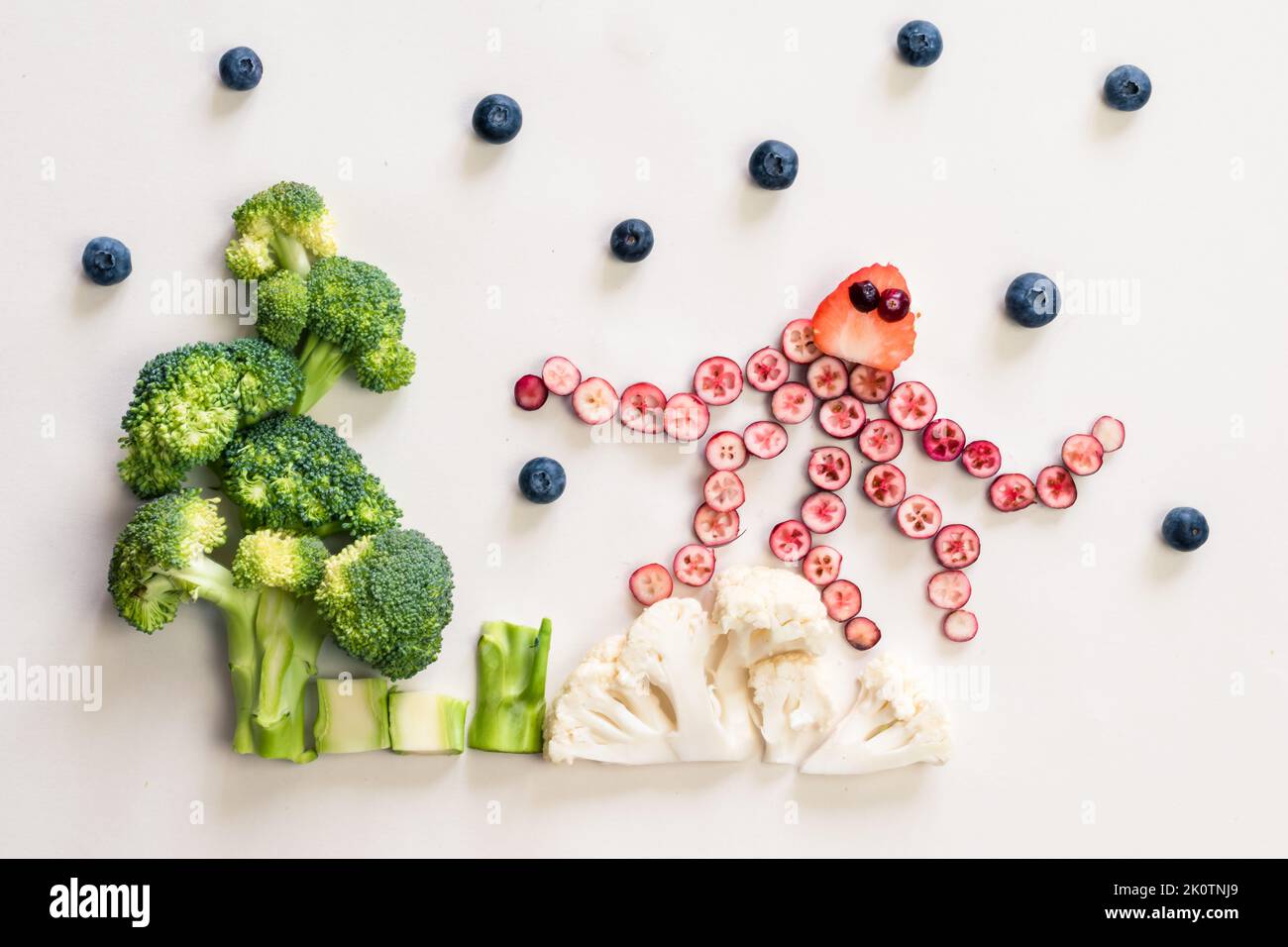 octopus made from red fruits with sea world from cauliflower, broccoli ...