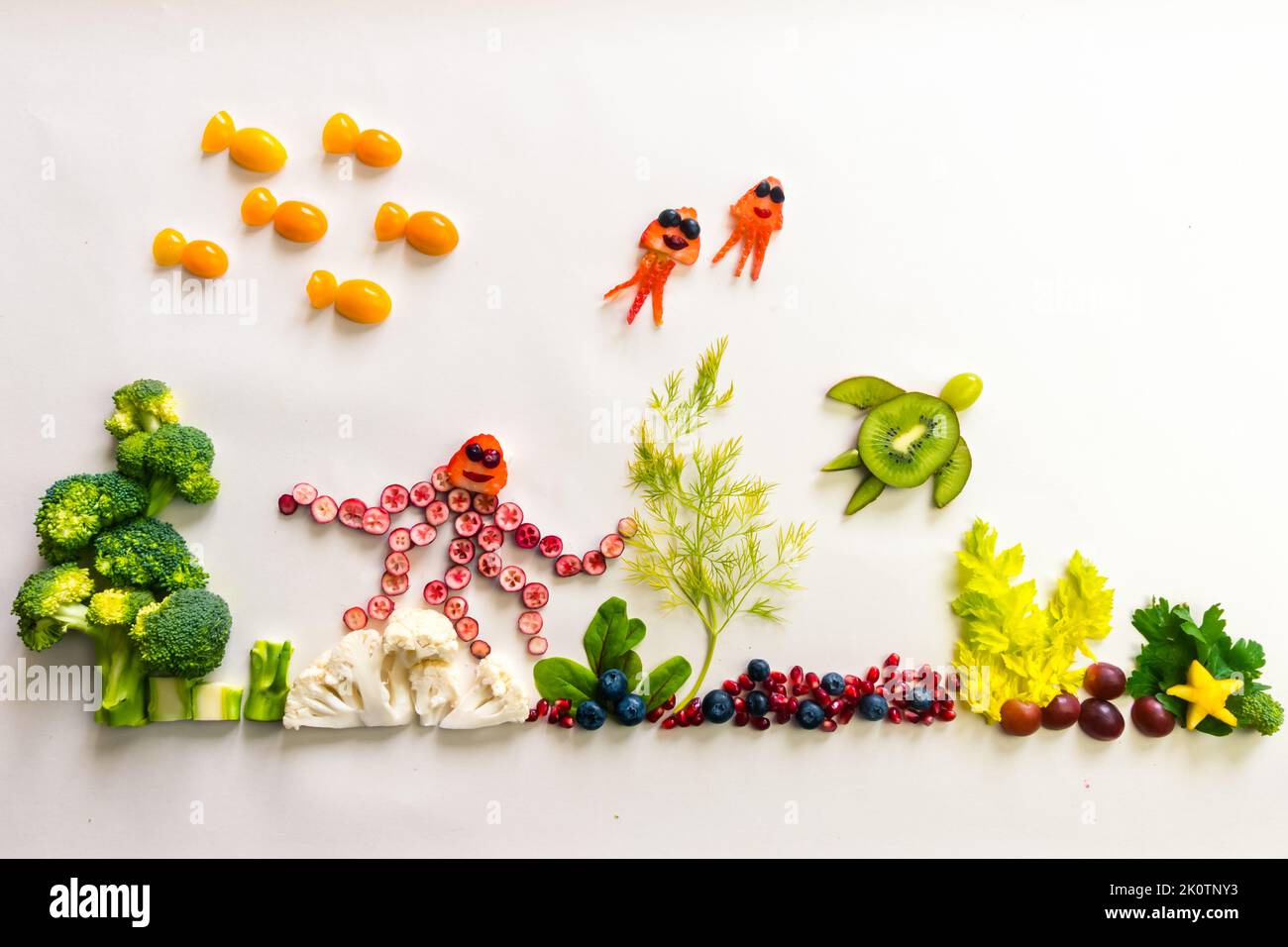 octopus made from red fruits, fish from orange tomato, jellyfish from ...