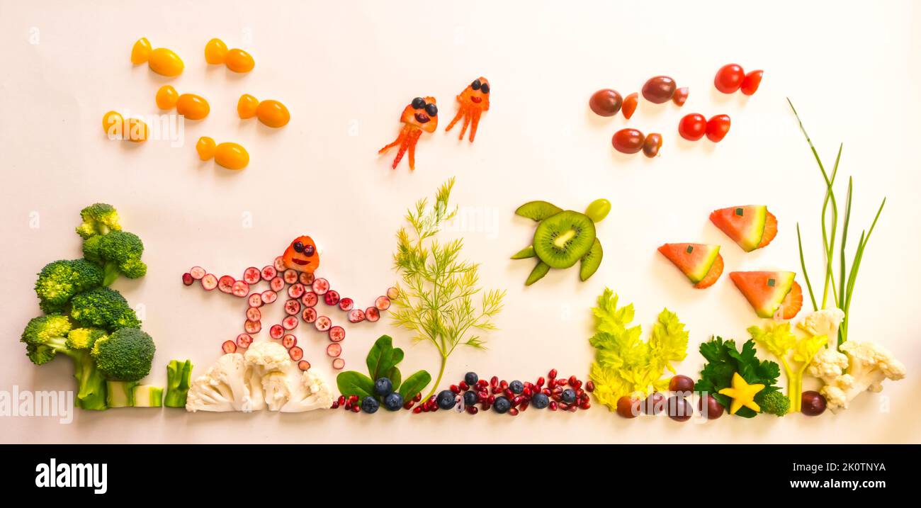 octopus made from red fruits, fish from orange tomato, jellyfish from ...