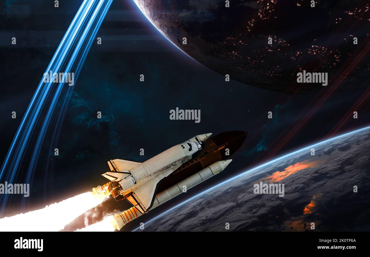 Space shuttle in orbit of distant planet. Inhabited deep space planet ...