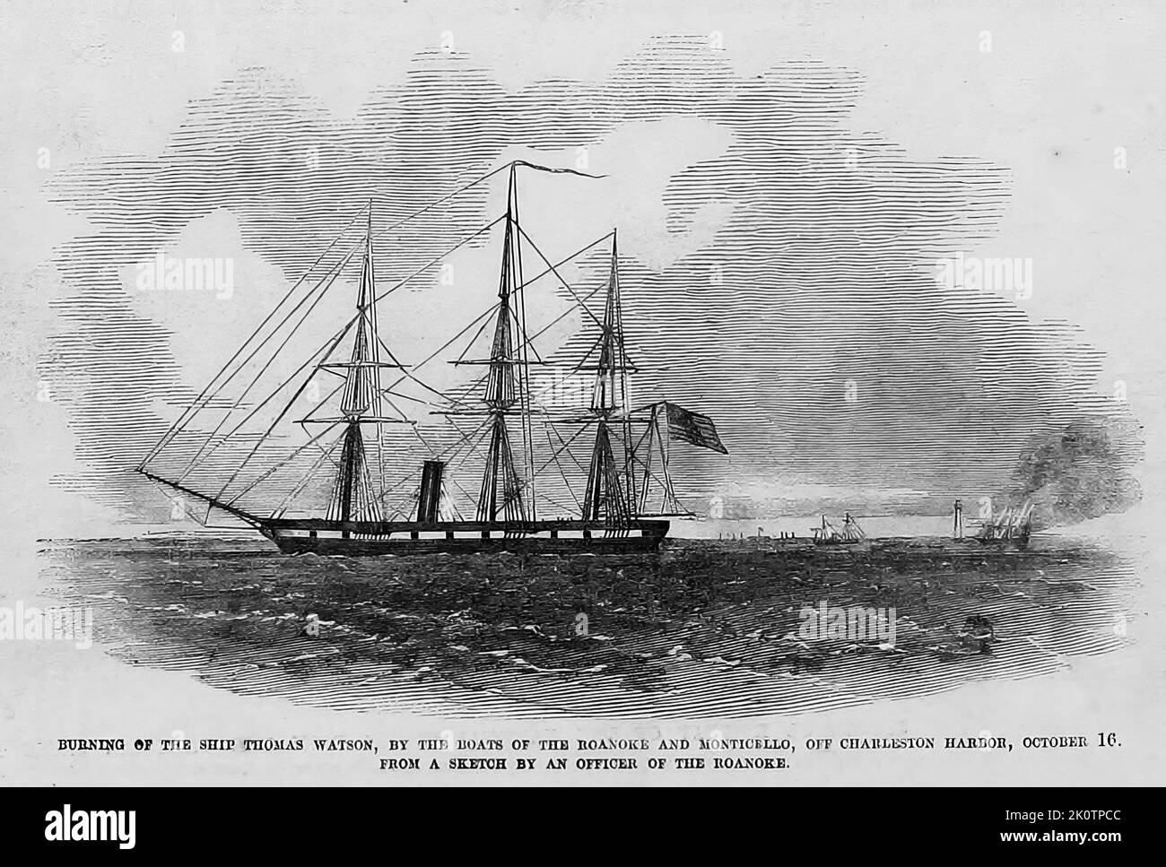 Burning of the ship Thomas Watson, by the boats of the Roanoke and ...